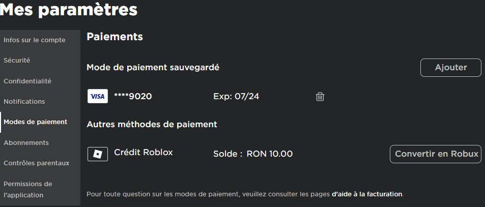 Ajouter et mettre à jour des informations de paiement – Support Roblox